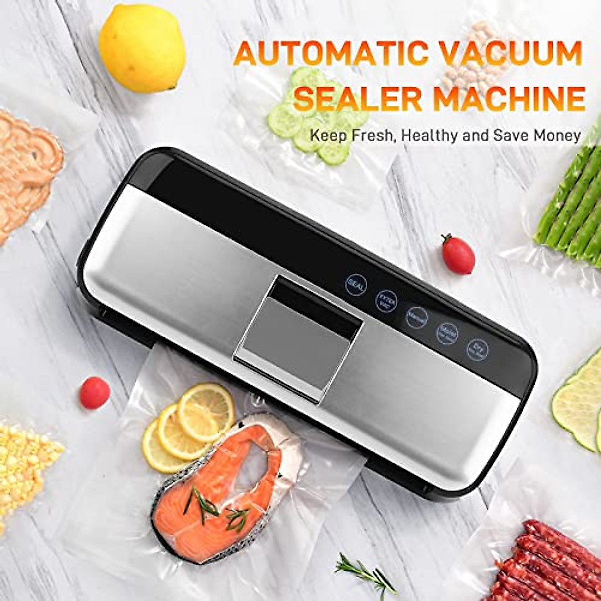 ICFPWR Vacuum Sealer, One-Touch Automatic Food Vacuum Sealer, Air Sealing System for Food Storage & Sous Vide, Food Saver Vacuum Sealer Machine Moist/Dry Modes with 15 Seal Bags and 1 Air Suction Hose
