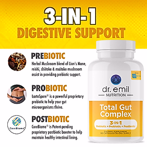 DR. EMIL NUTRITION Total Gut Health Complex - Prebiotic + Probiotic + Postbiotic Gut Health Supplements for Women and Men - Probiotics for Digestive Health & Gut Health, 60 Capsules