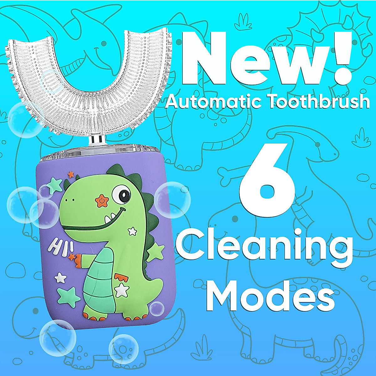 BubblezKidz – Kids Electric Toothbrush – U Shaped Dinosaur Cartoon – Ultra Sonic 6 brush Cleaning Modes w/ Smart Timer – Ages 2-18 Years Old – IPX7 Waterproof, Rechargeable, With Stickers (Dinosaur)