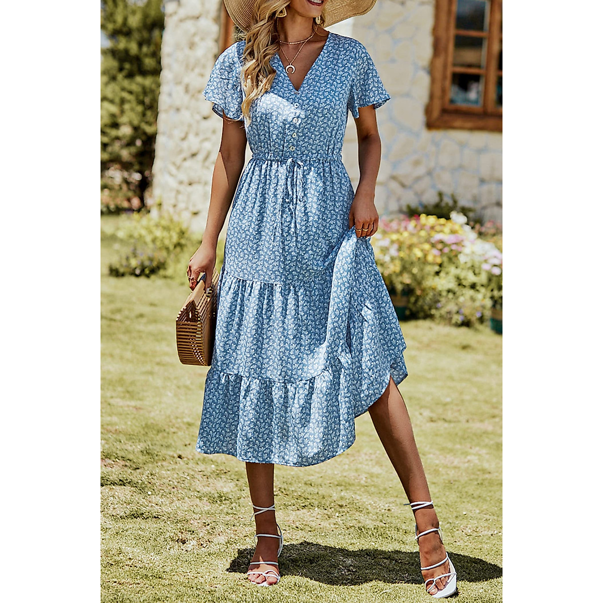 PRETTYGARDEN Women's Floral Boho Dress Casual Short Sleeve V Neck Ruffle Tiered Summer Swing Maxi Dresses(Blue,Medium)