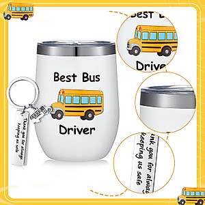 Rtteri 2 Pcs Bus Driver Appreciation Gifts School Bus Driver Gifts for Women Men Bus Driver Keychain Stainless Steel Bus Driver Tumbler Cup 12oz with Lid and Straw for Back to School Present (Cute)
