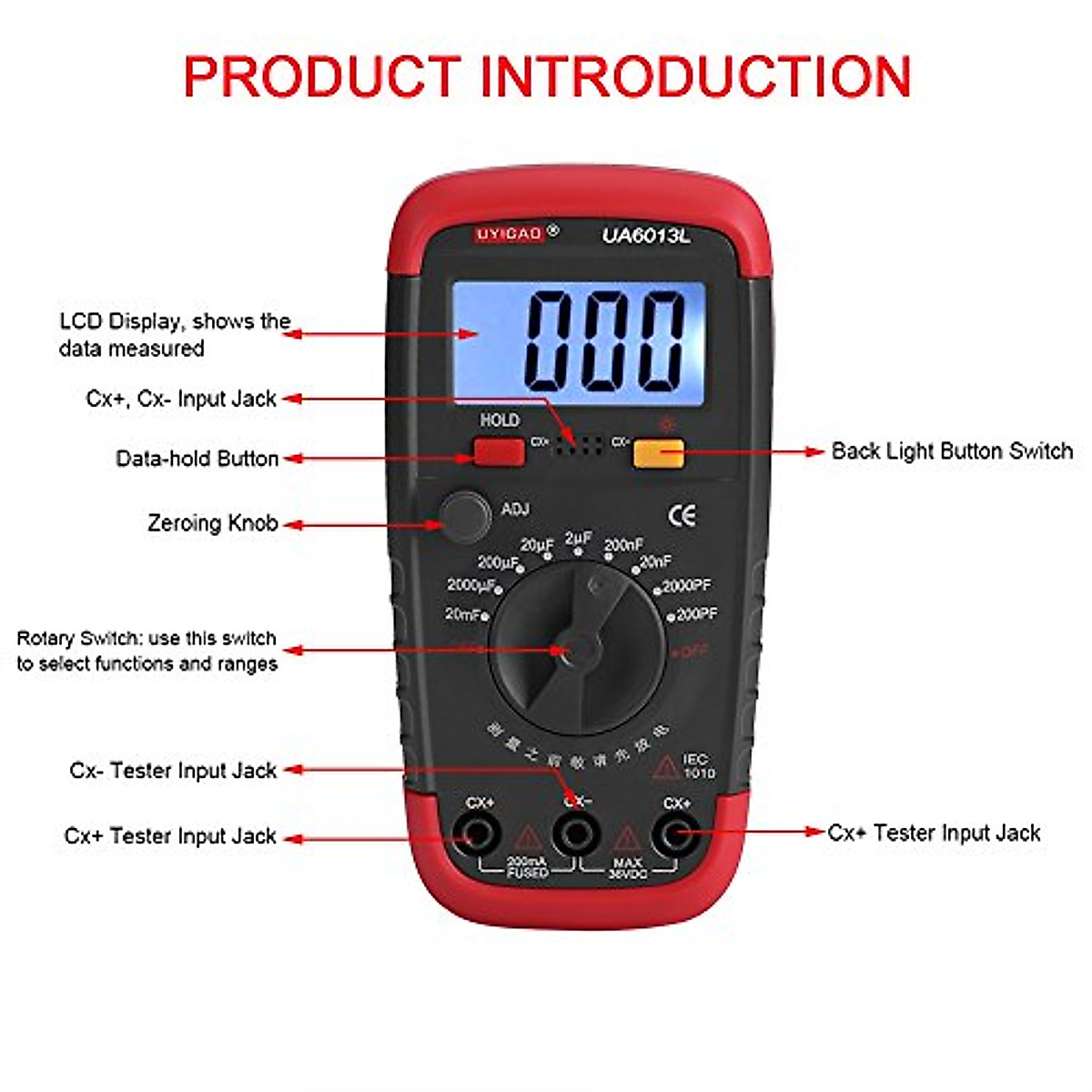 Digital Capacitance Meter Multimeter Professional Capacitor Tester 0.1pF - 20000uF with LCD Backlight and Safety Jacket Max 1999 Display