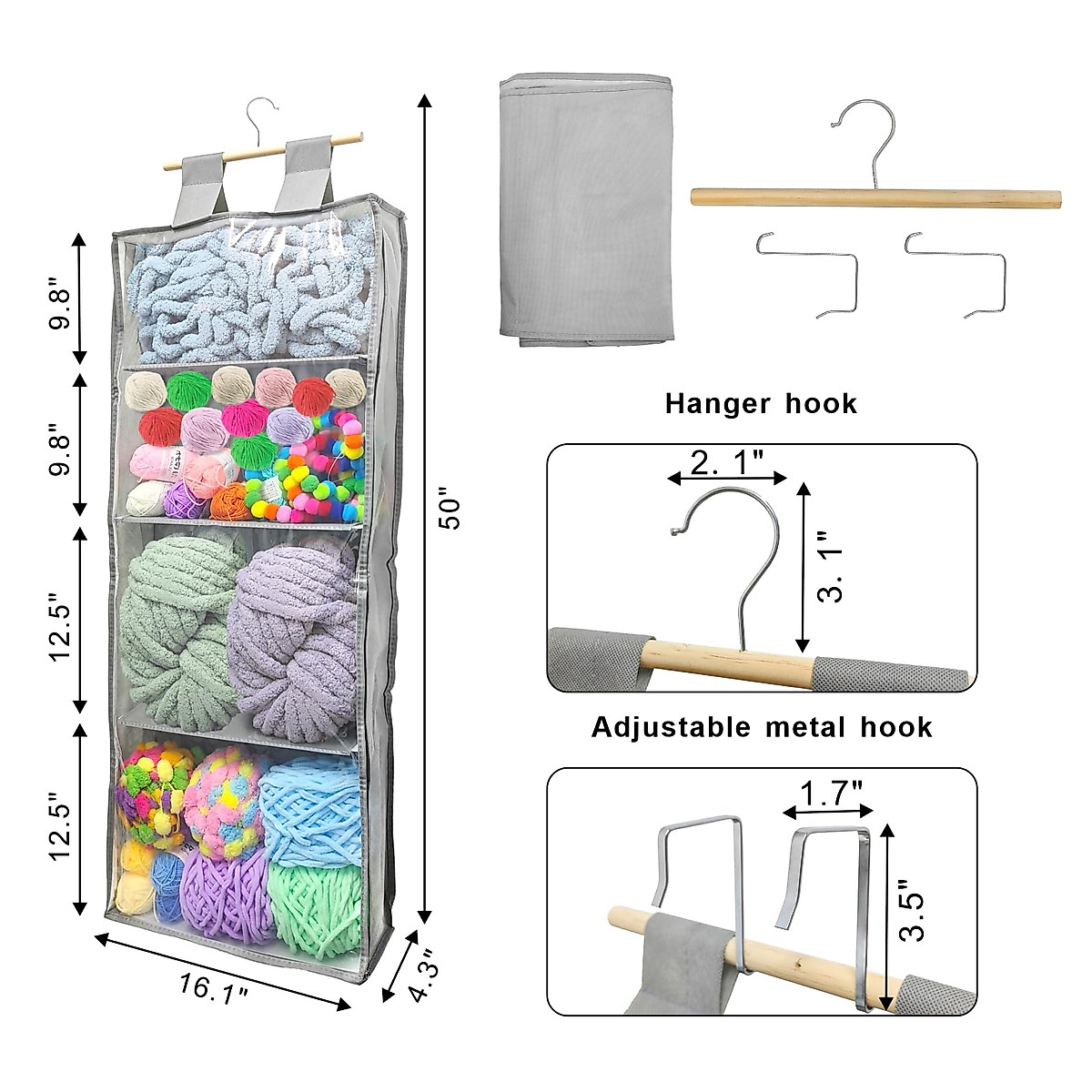 Hanging Yarn Storage Organizer with 4 Large Double Zippered Pockets - Perfect for Crochet & Knitting Lovers. Over-Door Hooks for Easy Access & Space Saving. Clear View for Quick Selection