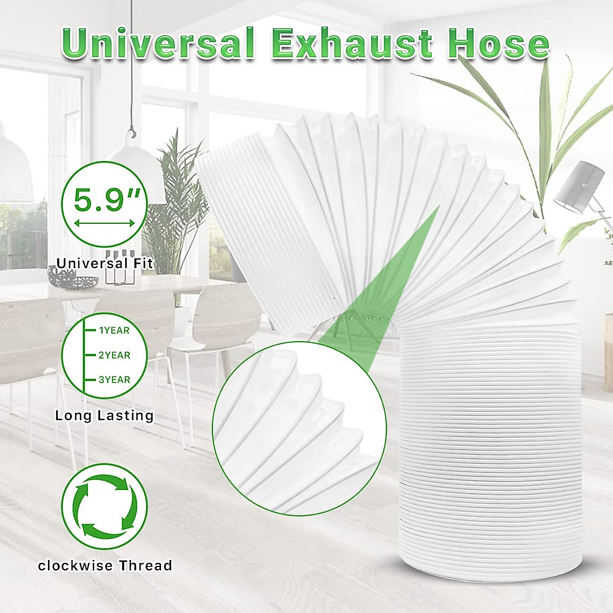 Air Conditioner Hose, lasama Universal Exhaust Hose, 5.9" Diameter Portable AC Exhaust Vent with Length 59", Clockwise Thread