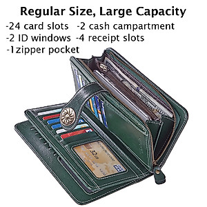 Travelambo Womens Wallet Large Capacity RFID Blocking Genuine Leather Wristlet Wallets(Green)