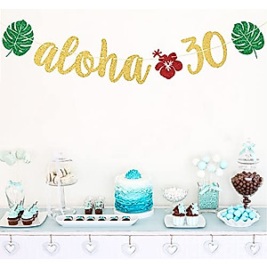 Aloha 30 Banner, Aloha Party Decorations, Hawaiian 30th Birthday Banner for Tropical Luau Birthday Party Decorations, Palm Leaf Decorations Gold Green Glitter