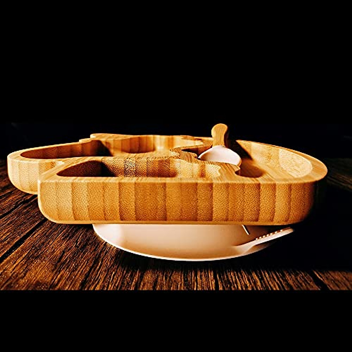 Xboo Baby Plates, Bamboo Baby Suction Plates, Bamboo Suction Plates for Toddlers, Stay Put Feeding Plates, Wooden Divided Plate, Baby Dishes, Kids Plates, BPA Free| Grace_Blue