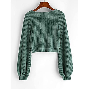 ZAFUL Women's Pullover Ribbed Cropped Knitwear Drawstring Ruched Knitted Crop Top Solid V-Neck Long Sleeve T-Shirt Green