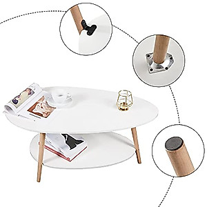 Maupvit Coffee Table-Oval Wood Coffee Table with Open Shelving for Storage and Display 2 Tier Sofa Table, Small Modern Furniture for Living Room&Home Office-White
