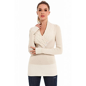 AmélieBoutik Women Crossover Cable Knit V Neck Long Sleeve Pullover Sweater (Light Beige Medium)