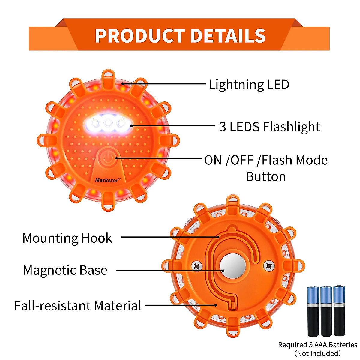 Markstor 3 Pack of LED Emergency Car Kit Flashing Warning Lights Roadside Security For Vehicle Truck Boats With Hook, Amber Safety Flares Warning Lights Disc Magnet (Battery Not Included)