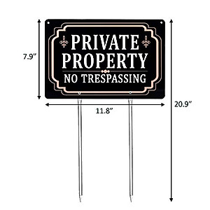Kichwit 2 Pack Private Property No Trespassing Sign, Aluminum, 12" x 8", 14" Metal Stakes Included (2)