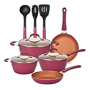 NutriChef 11 Piece Nonstick Ceramic Coating Elegant Diamond Patterned Kitchen Cookware Pots and Pan Set with Lids and Utensils, Maroon