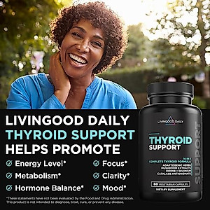Livingood Daily Thyroid Support - Premium Supplement with Ashwagandha, Selenium, Iodine (from Kelp & Fronds), Zinc, L-Tyrosine, Copper, and Cordyceps - Focus, Metabolism, and Energy - 60 Capsules