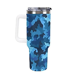 LLUTSNTH 40 Oz Vacuum Tumbler with White Handle Leakproof Insulated Tumbler Blue Camo Stainless Steel Travel Mug with Lid And Straw Coffee Cup Cute Water Bottles Cup Holder Friendly