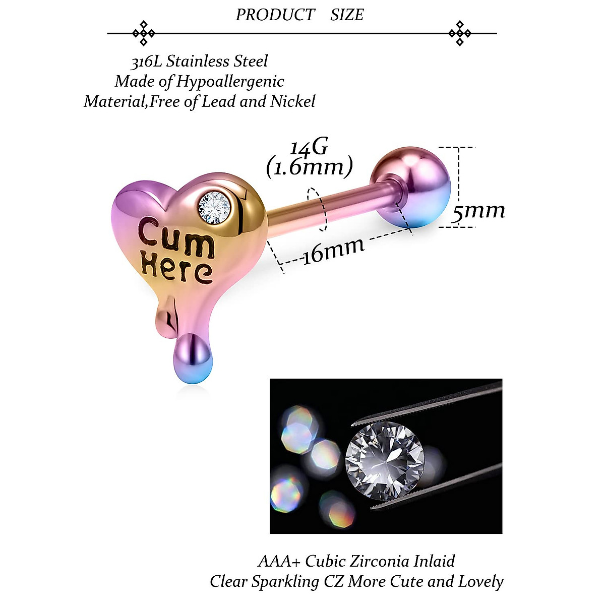 Vsnnsns 14G Tongue Rings for Women Stainless Steel Heart Tongue Rings Skull Tongue Piercing Jewelry Flower Tongue Rings Surgical Steel Tongue Jewelry Barbell Body Piercing Jewelry Rainbow