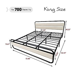 Tuconia Metal Platform King Size Bed Frame with Upholstered Headboard No Noise Easy Assembly Beige Linen