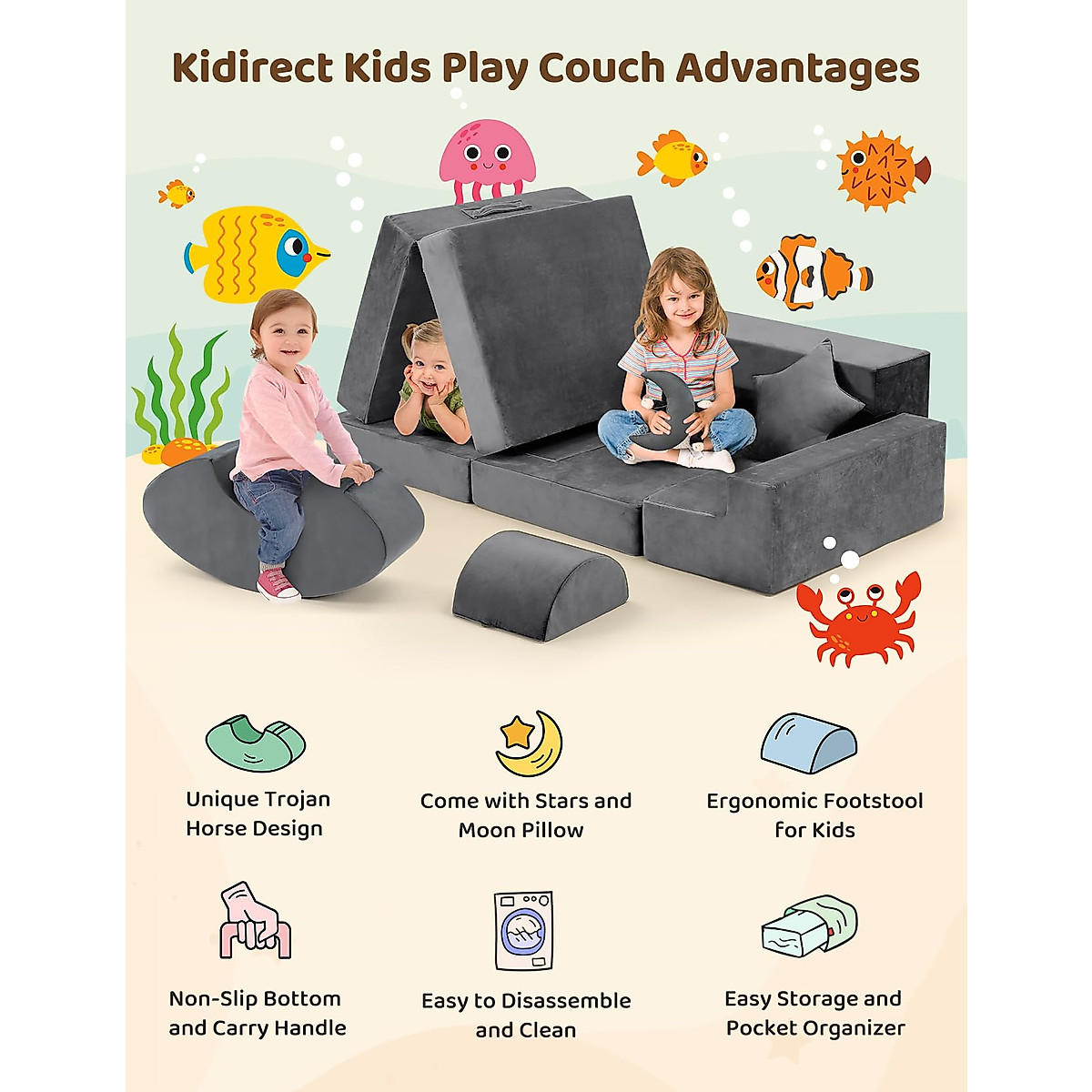 Modular Kids Play Couch, Kidirect K12 PRO DIY 400+ Creative Kids Couch for Playroom, Upgraded Play Couch Convertible Rocking Horse, Sectional Kids Sofa Couch with Star Moon for Kids and Toddlers(Grey)