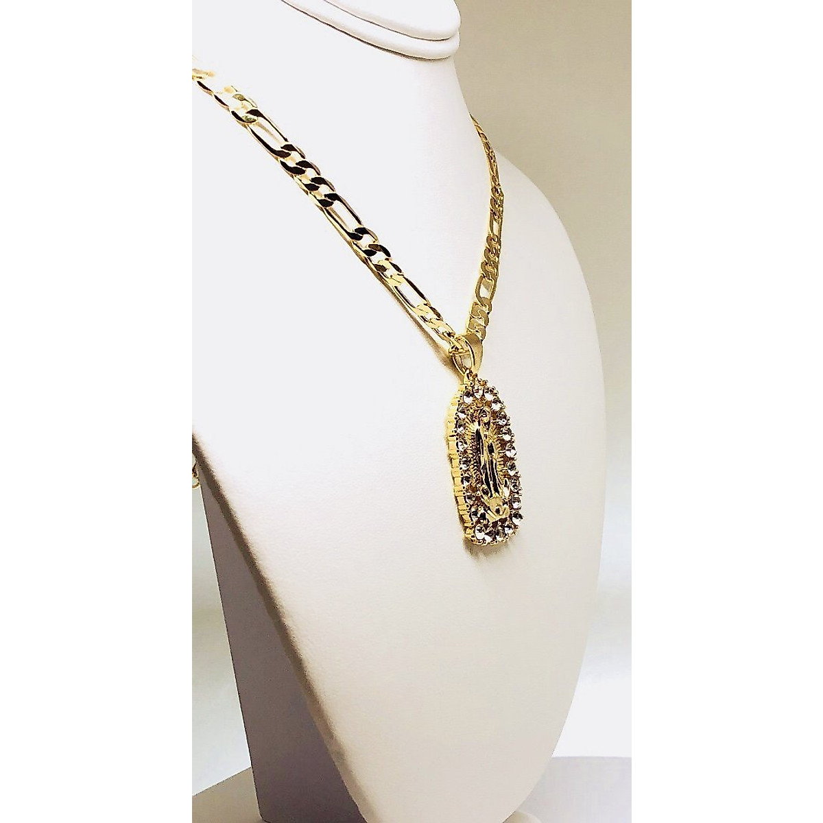Gold Plated Virgin Mary Pendant Necklace Figaro 26" Virgen de Guadalupe Medalla Oro Laminado
