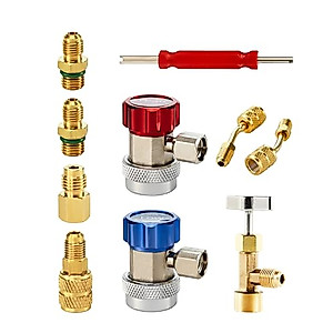 Orion Motor Tech AC Adapter Tool Kit, 8-Piece AC Gauge Hose Conversion Adapters Including R134A Can Tap, R134A Quick Couplers, R410 Adapters, Tank Adapter and Valve Core Remover