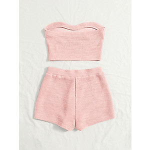 Verdusa Women's 2 Piece Outfit Ribbed Crop Bandeau Tube Top and Biker Track Shorts Sets Light Pink XS