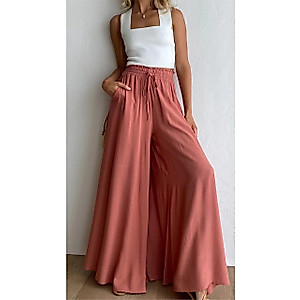 Wanzetaly Women's 2023 Fashion Casual Wide Leg Pants Elastic High Waisted Palazzo Pants with Pockets(0084-Orange-XL)