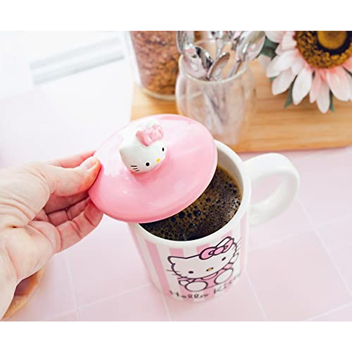 Toynk Hello Kitty Pink Stripes Ceramic Mug With Lid | Holds 18 Ounces