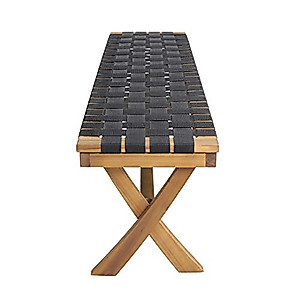 Christopher Knight Home Jeffery Outdoor Acacia Wood Bench with Rope Seating, Black and Teak 61x13.75x16.25 inches