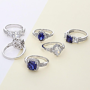 BERRICLE Sterling Silver 3-Stone Wedding Engagement Rings Simulated Blue Sapphire Princess Cut Cubic Zirconia CZ Anniversary Promise Ring for Women, Rhodium Plated Size 7