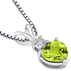 PEORA 14K White Gold Peridot and Diamond Pendant for Women, Genuine Gemstone Birthstone, Heart Shape Solitaire, 6mm, 1 Carat total