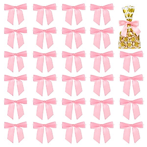 Twist Tie Bows, 50 Pack Pink Satin Bows for Crafts 3.5" Pre-Tied Pink Ribbon Bows Wedding Favors Ribbon Bows for Gift Wrapping Treat Bag Present Craft Bridal Shower Christmas Thanksgiving