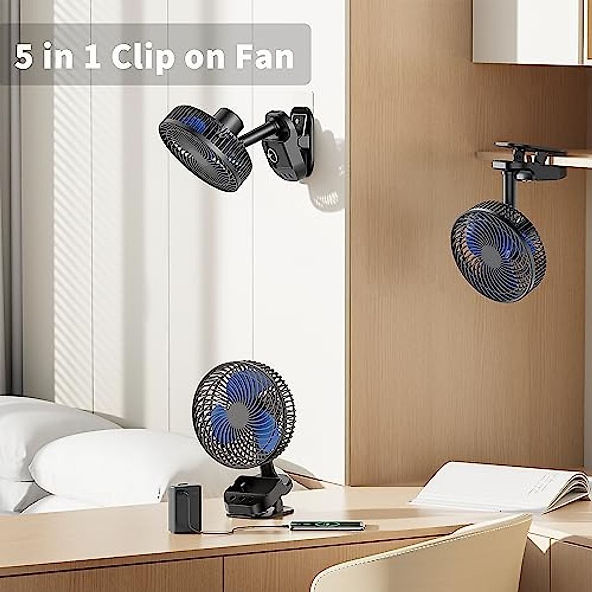 ATEngeus 4 in1 USB Fan, 8” Clip Fan, 10000mAh Rechargeable Table Fan, 5 Speeds Battery Operated Fan, 45°/90° Automatic Rotation, 3 Time Setting, with Clip & Hook for Homes, Offices, Bedroom