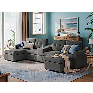 LINSY HOME Rubik III Modular Sectional Sofa, 4 Seats 2 Ottomans and 1 Console Table, Convertible U Shaped Couch with Deep Seat and Storage, 4 Seat Sofa with Chaise for Living Room, Dark Grey