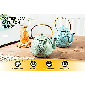 Tea Kettle, TOPTIER Japanese Cast Iron Teapot with Stainless Steel Infuser, Cast Iron Tea Kettle Stovetop Safe, Leaf Design Teapot Coated with Enameled Interior for 32 Ounce (950 ml), Light Green