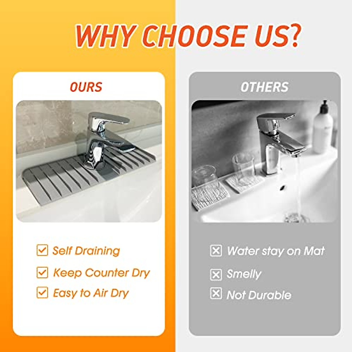 Kitchen Sink Splash Guard, Silicone Faucet Handle Drip Catcher Mat, Faucet Guard Mat Drain Drying Pad, Water Splash Guard for Kitchen & Bathroom Countertop Protect, Kitchen Sink Accessories (Grey)