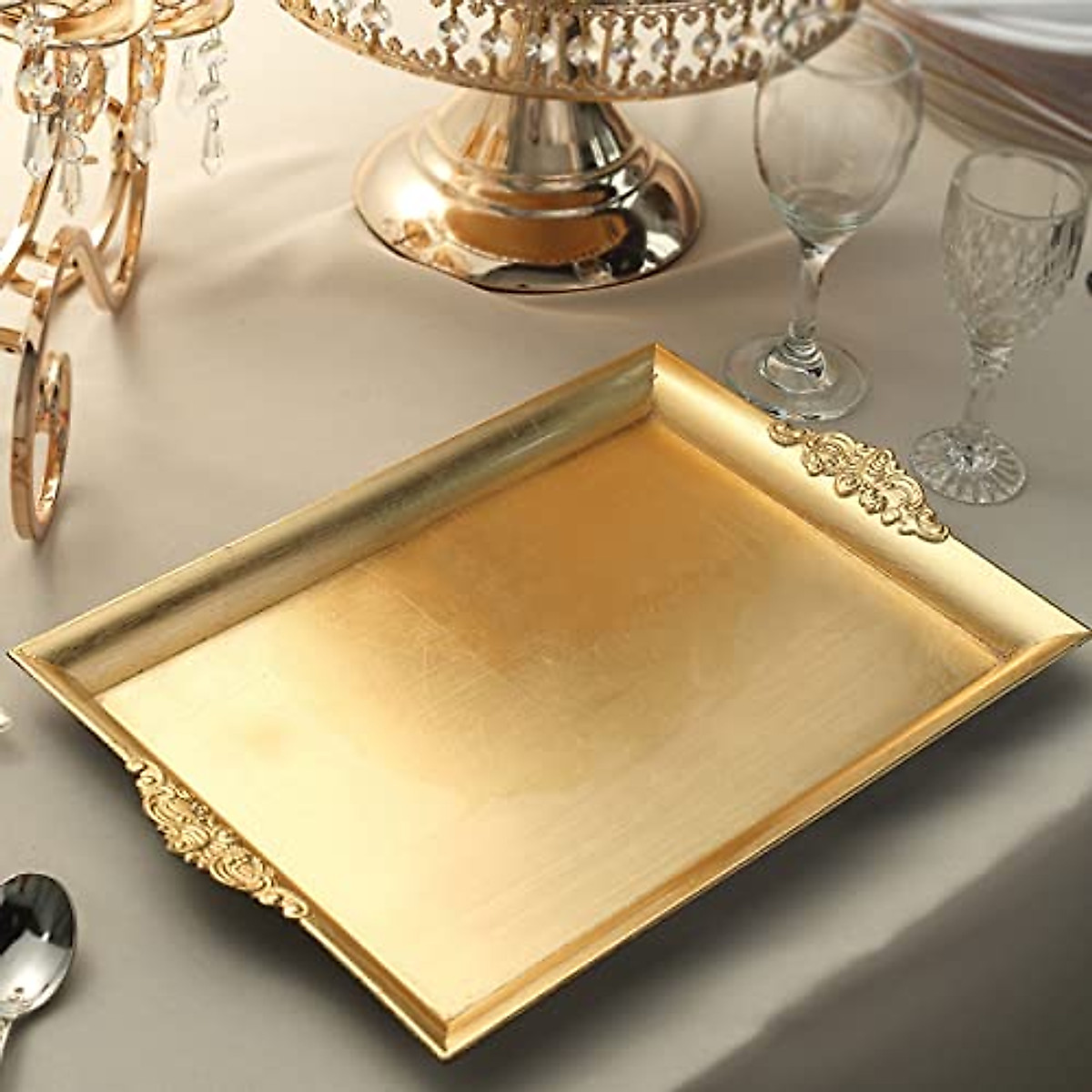 Efavormart 2 PCS - Gold 14" x 10" Rectangle Decorative Plastic Serving Trays with Embossed Rims for Wedding Birthday Party