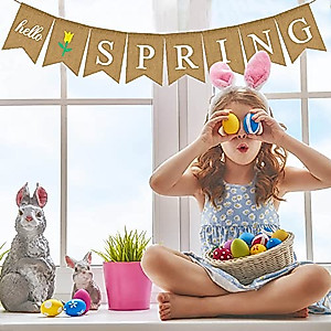 Hello Spring Banner Burlap Decorations, Happy Spring Banner Garland with Flower for Mantle Fireplace Supplies Spring Bunting Garland Banner Decoration for Home Spring Themed Party Decor