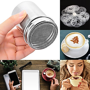 2 Stainless Steel Powder Shakers, SENHAI Mesh Shaker Powder Cans for Coffee Cocoa Cinnamon Powder with Lid, with 16 pcs Printing Molds Stencils