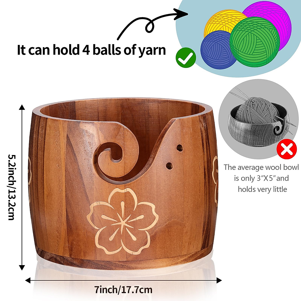 Yarn Bowl Large Size 5''x7'' Pine Wood Unique Design Crochet Bowl for Yarn Holder Knitting Crochet Macrame Craft Supplies