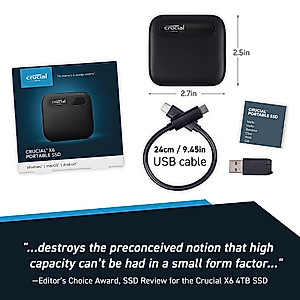 Crucial X6 2TB Portable SSD with USB-A adapter - Up to 800MB/s - PC and Mac - USB 3.2 External Solid State Drive - CT2000X6SSD9