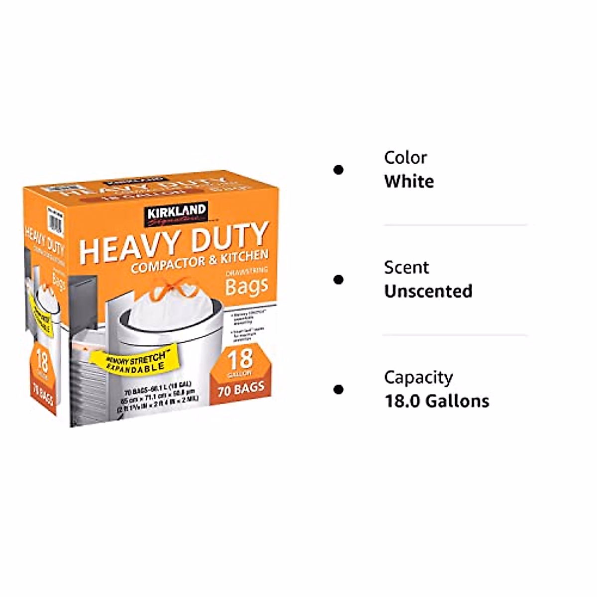 Kirkland Signature Compactor Bags, 18 Gallon, Smart Fit Gripping Drawstring,, White, 1 Pack (70 Count)