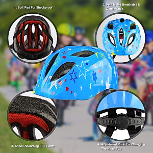 Besmall Kids Helmet Protective Gear Set, Child Ages 3-7 Cycling Adjustable Helmet Safety Pads Set for Boys Girls Roller Skateboard Bicycle Blue （Helmet + 2 Knee + 2 Elbow Pads + 2 Wrist Guards）