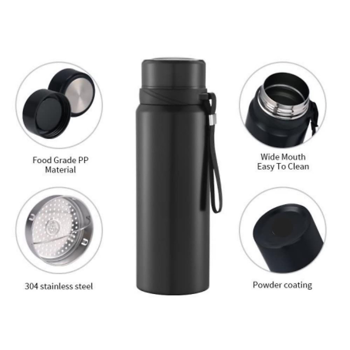 WAASS Insulated Water Bottle - Hot and Cold Travel Flask with leakproof Lid - Perfect for Hot Coffee & Tea (Black)