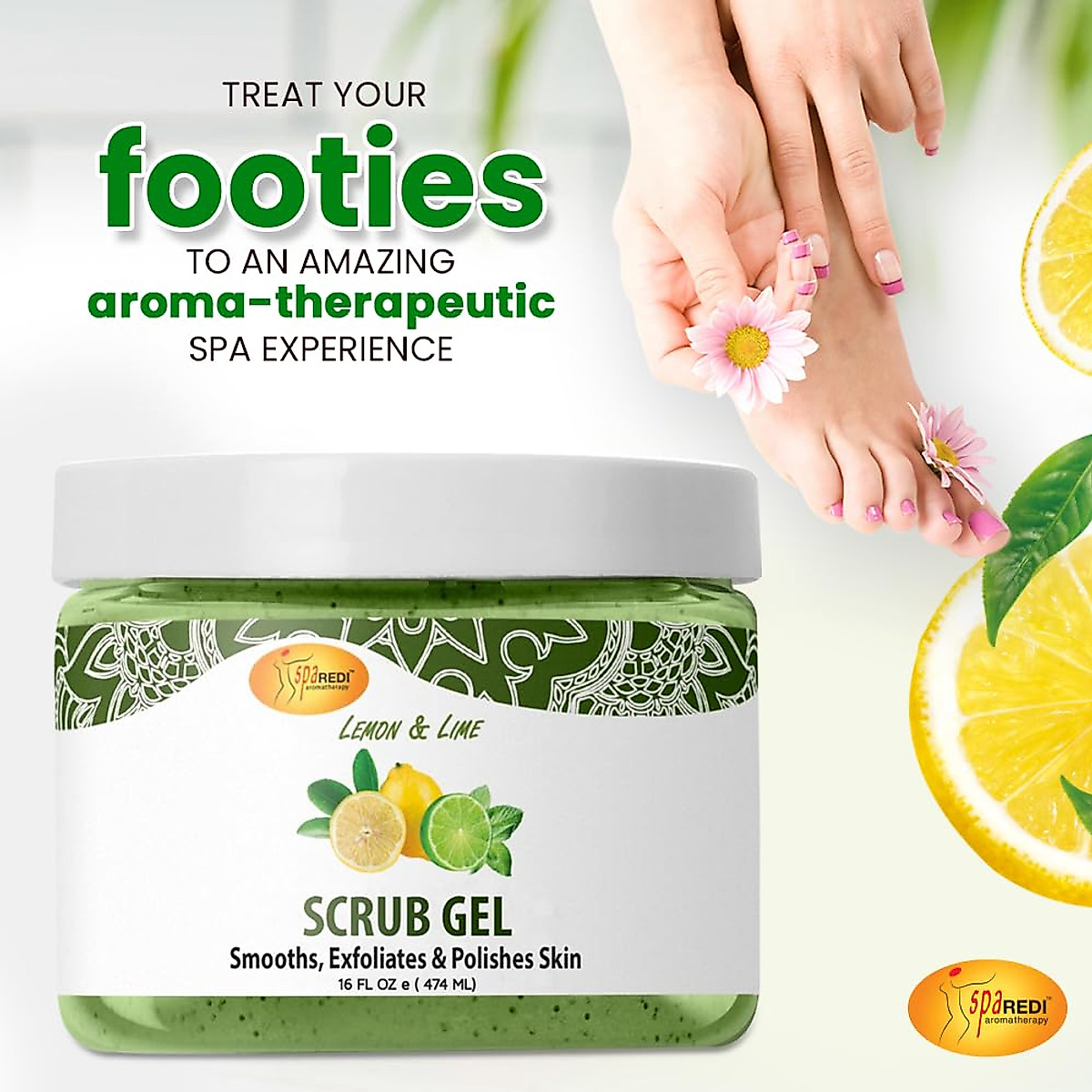 SPA REDI – Exfoliating Scrub Pumice Gel, Lemon & Lime, 16 Oz - Manicure, Pedicure and Body Exfoliator Infused with Hyaluronic Acid, Amino Acids, Panthenol and Comfrey Extract