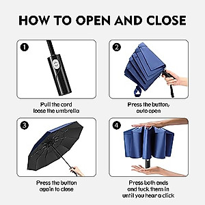 UNDERTREE Windproof Umbrellas for Rain, Double Canopy Folding Umbrella with 10 Fiberglass Ribs, Compact Travel Umbrella, One Button Auto Open/Close, Navy Blue-23