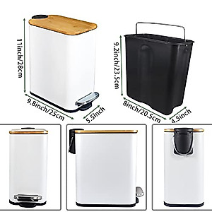 SIDIANBAN Bathroom Trash Can with Bamboo Lid Soft Close and Foot Pedal, Small Rectangular Slim Garbage Can with Inner Wastebasket for Bedroom, Office, Kitchen, 1.3Gal/5L, White
