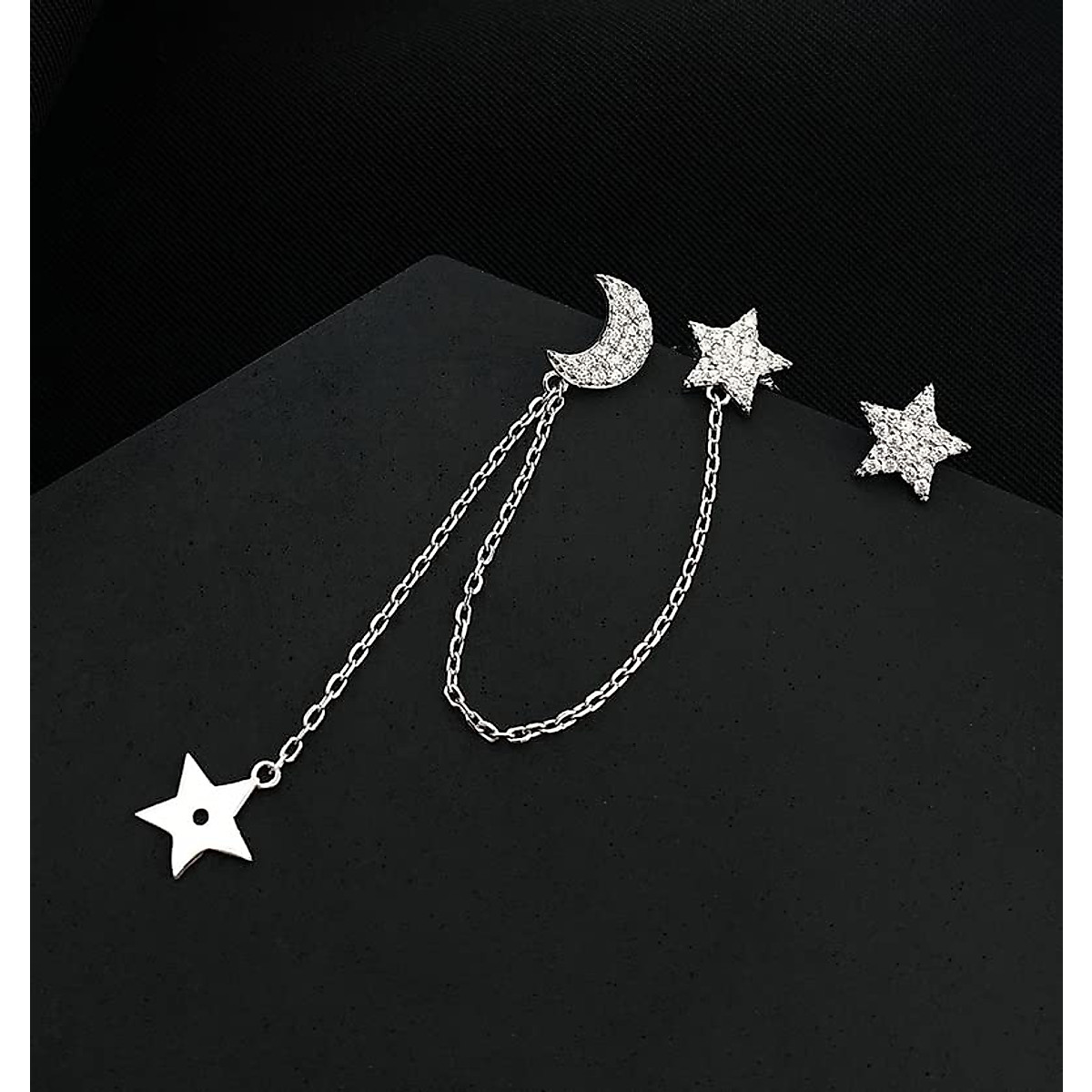 SLUYNZ 925 Sterling Silver Cuff Earrings Chain for Women Asymmetric Star Moon Earrings Crawler Earrings Dangling Chain (A-Silver)