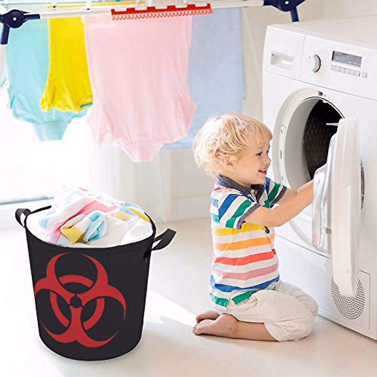Red Symbol Biohazard Radioactive Laundry Basket Hamper Bag Dirty Clothes Storage Bin Waterproof Foldable Collapsible Toy Organizer for Office Bedroom Clothes Toys Gift Basket