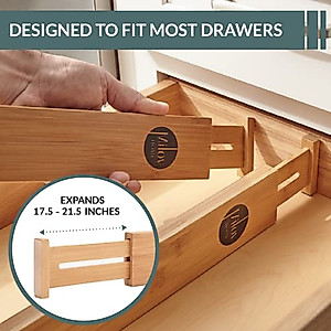 Milov Home Organizer for Kitchen Drawers - Spring Loaded Bamboo Dividers from 17.5" to 21.5" - Expandable Drawer Divider For Kitchen, Bedroom, Office - Set of 4 - No Assembly - Stackable