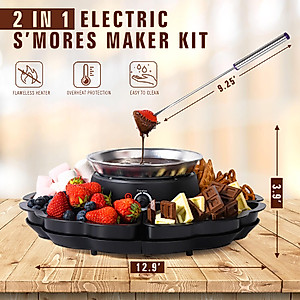 2 In 1 Smores Maker & Fondue Set, Tabletop Indoor Smores Kit, Marshmallow Roaster with Temp Control, 4 Detachable Trays & 4 Roasting Forks and 1 Heated Bowl, Movie Night Supplies & Housewarming Gifts